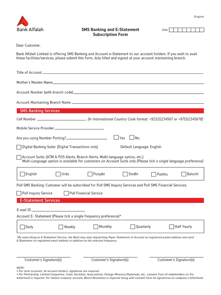 SMS Banking & E-Statement Subscription Form | PDF | Mobile Phones | Banks