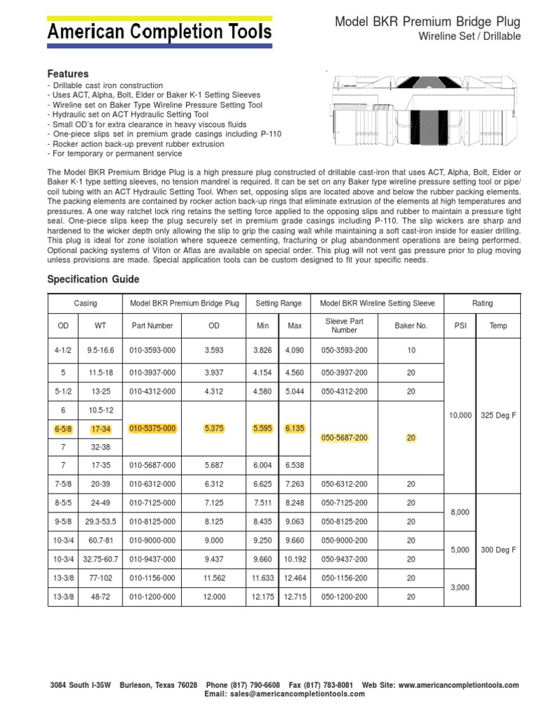Ficha Tecnica Bridge Plug American Completion Tools | PDF | Casing ...