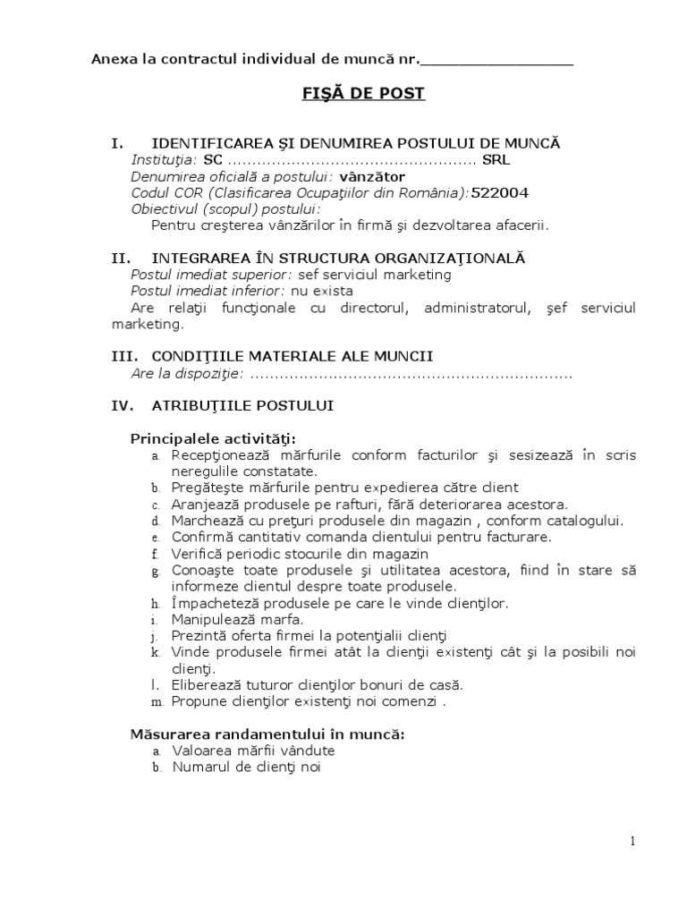 Fisa de Post Vanzator | PDF