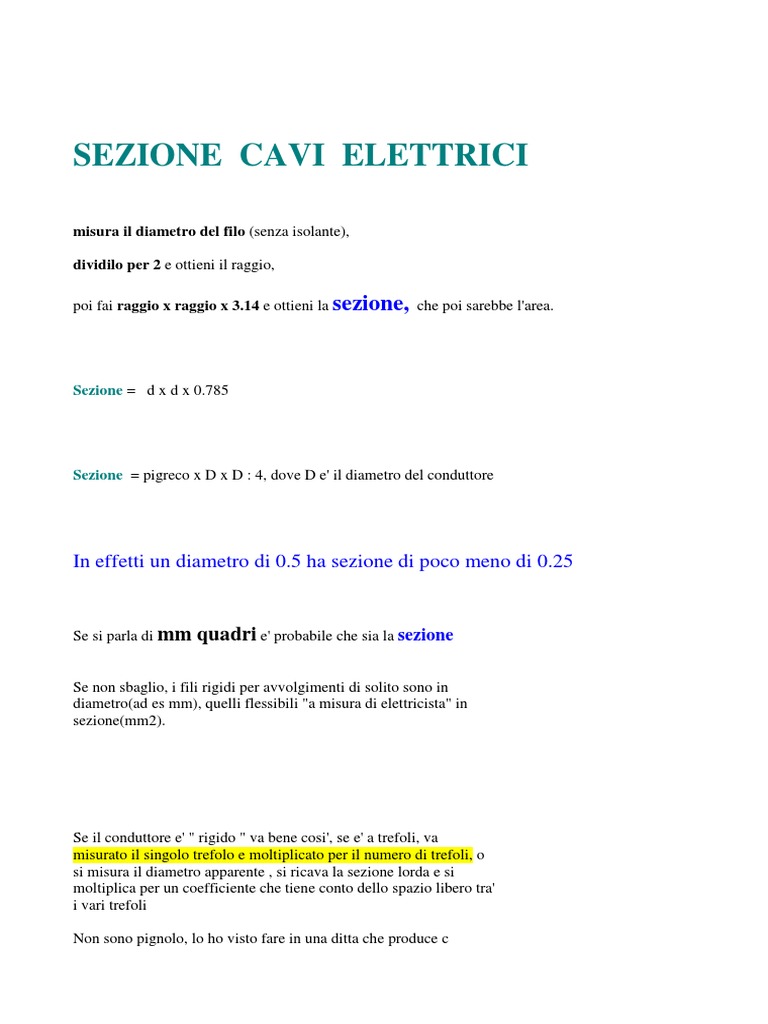 Calcolo SEZIONE CAVI ELETTRICI | PDF