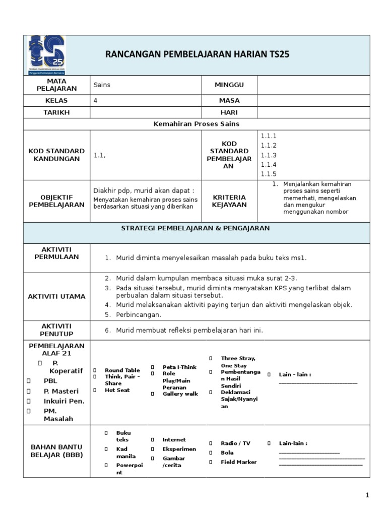 RPH SN Tahun 4 Kemahiran Proses Sains | PDF
