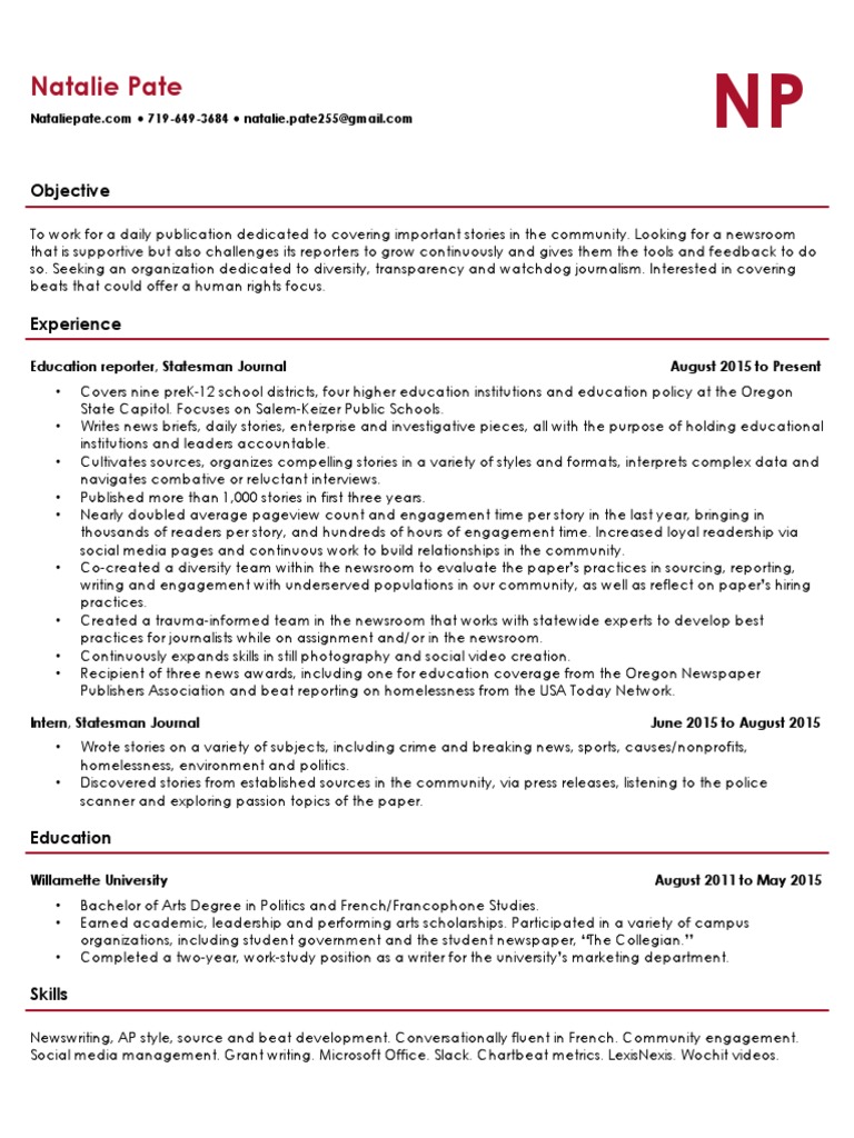 Natalie Pate Resume | PDF | News | Journalism