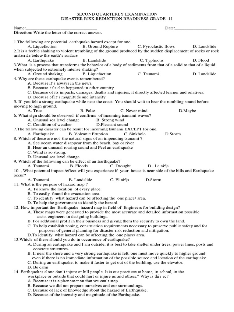 DRRR Exam. | PDF | Earthquakes | Volcano
