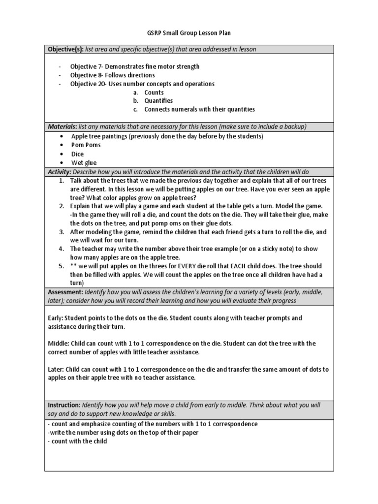 GSRP Small Group Lesson | PDF | Teachers | Lesson Plan
