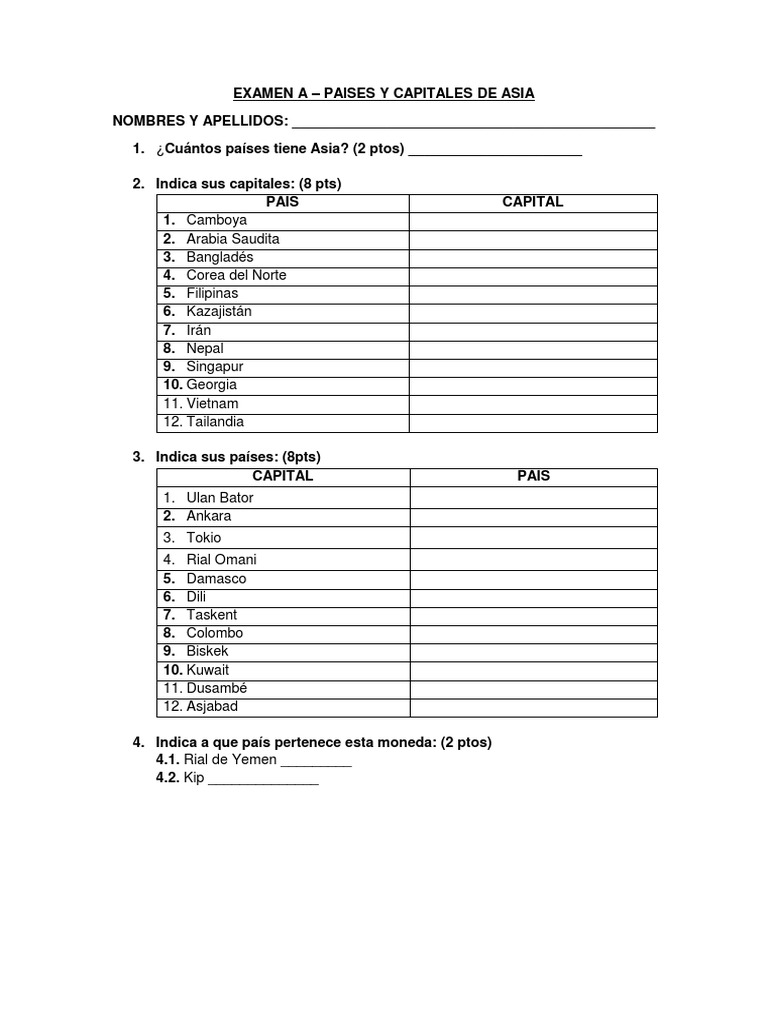 Paises de Asia - Examen | PDF
