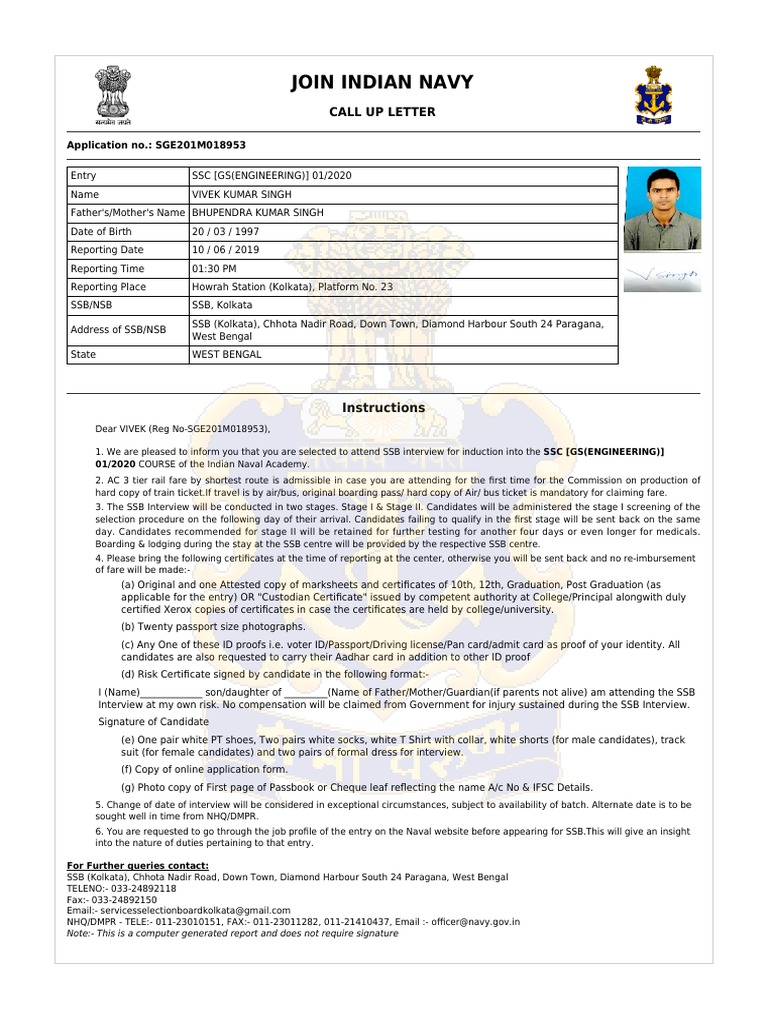 Indian Navy SSB Interview Call Letter | PDF | Government