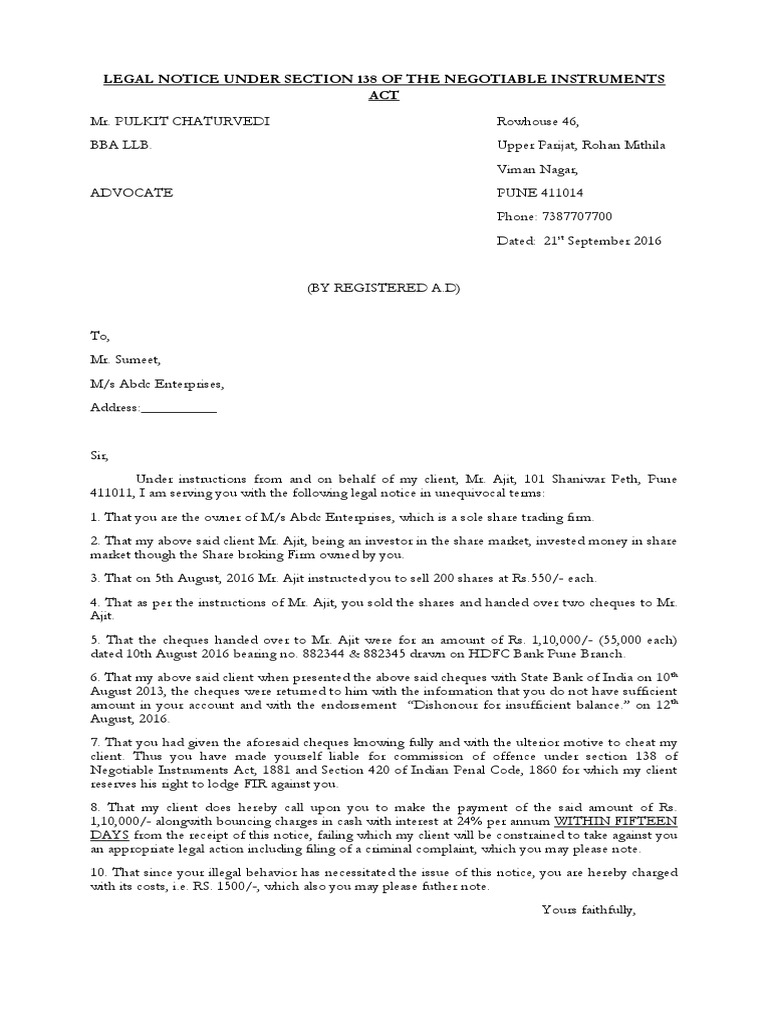1 - Notice Under Section 138 | PDF | Cheque | Financial Services