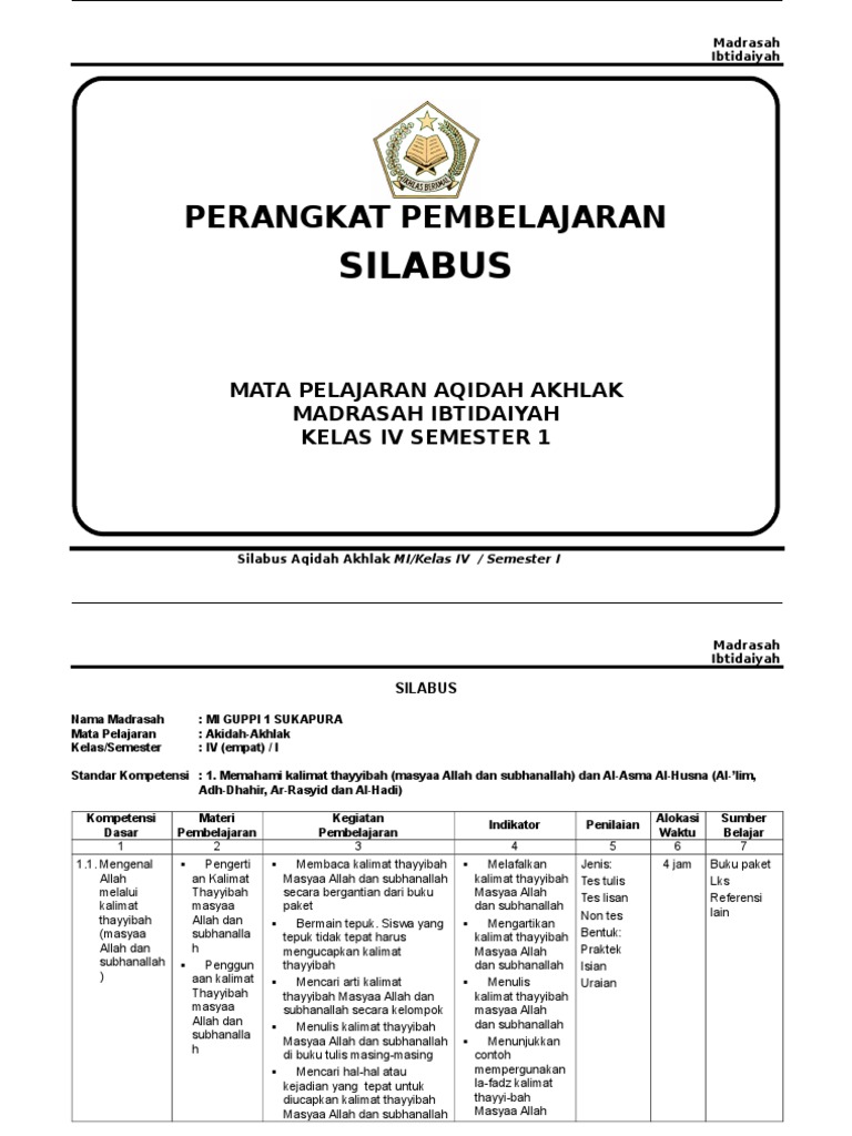 Silabus Akhlak Kelas 4 | PDF