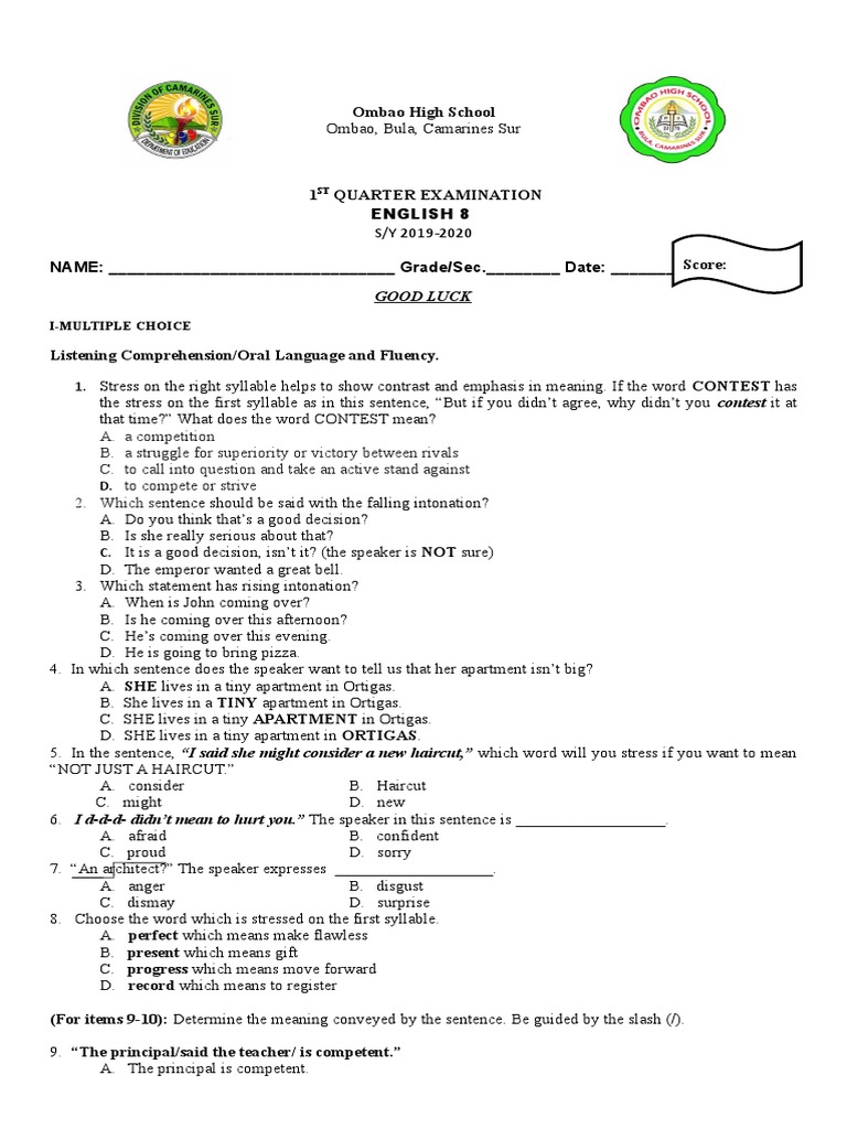 Grade 8 First Periodical Test | PDF | Stress (Linguistics)