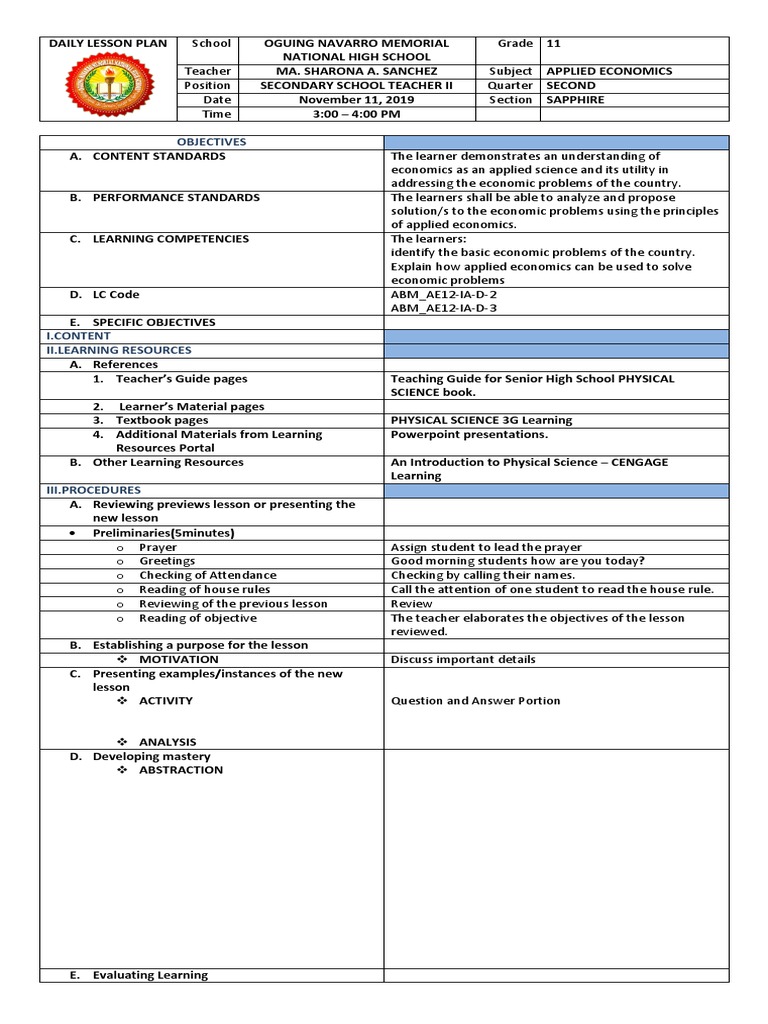 Grade 11 Applied Economics Lesson Plan | PDF | Lesson Plan | Teachers