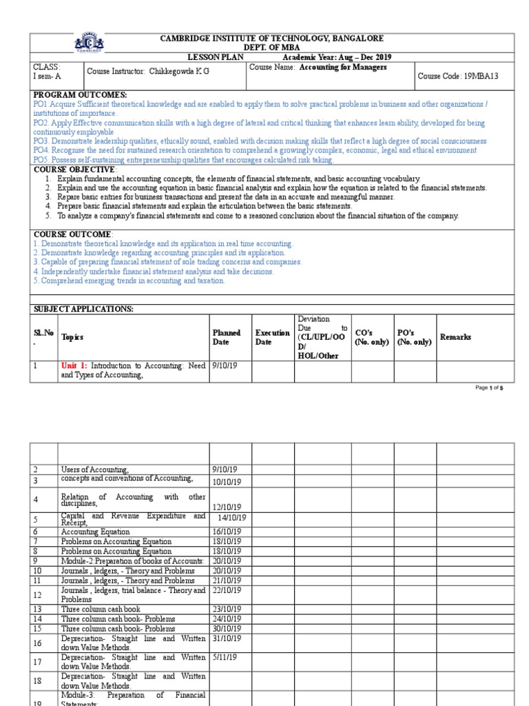 Cambridge Institute Accounting Lesson Plan | PDF | Accounting ...