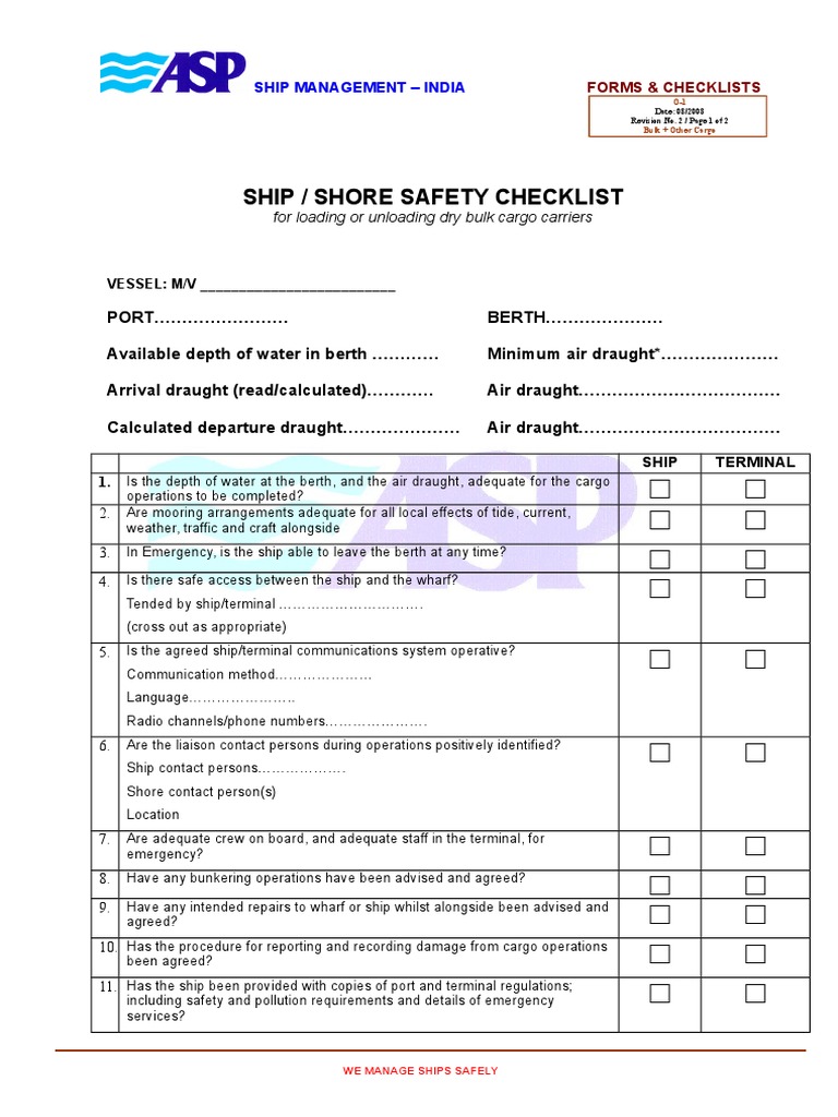 O-1 - Ship Shore Safety Checklist | PDF | Ships | Cargo