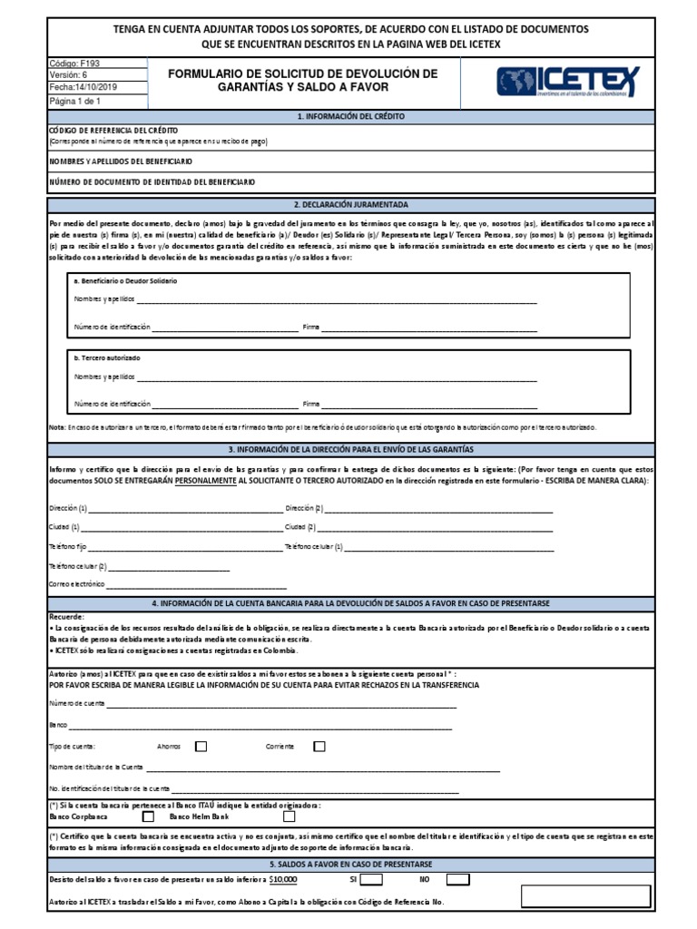 f193 Formulario de Solicitud de Devolucion de Garantias y Saldos A Favor v6 | PDF | Bancos ...
