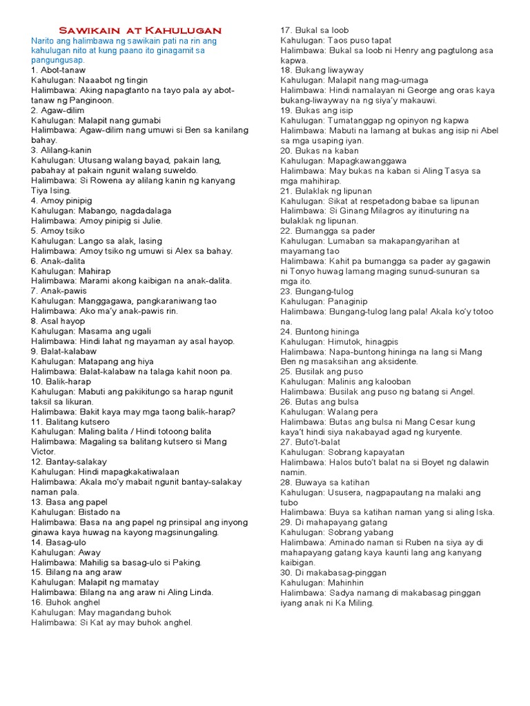 Sawikain Halimbawa at Kahulugan | PDF