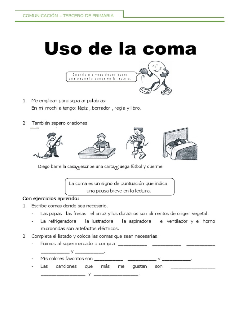 Ejercicios de uso de la coma para primaria | PDF