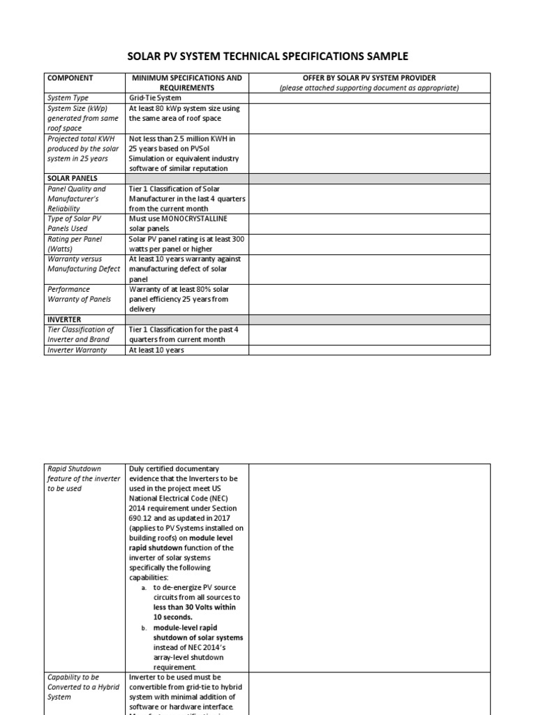 Solar PV System Technical Specifications Sample | PDF | Photovoltaic ...