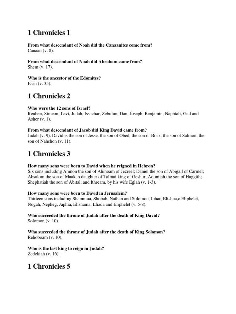1 Chronicles 1-29-QUESTIONS | PDF | Bible Content | Ancient Israel And ...