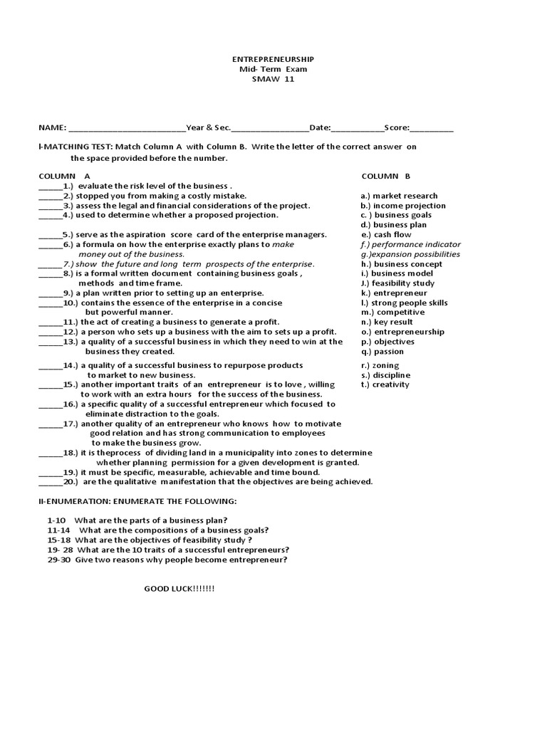 Mid-Term Exam Entrepreneurship | PDF | Entrepreneurship | Feasibility Study