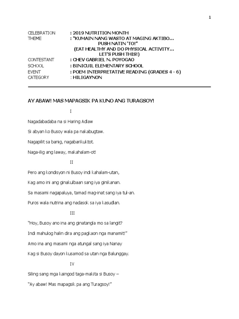 2019 Nutrition Bes Poem Interpretative Reading Hiligaynon | PDF