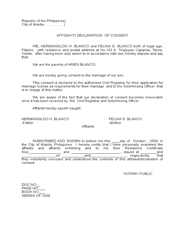 Affidavit of Consent | PDF | Affidavit | Social Institutions