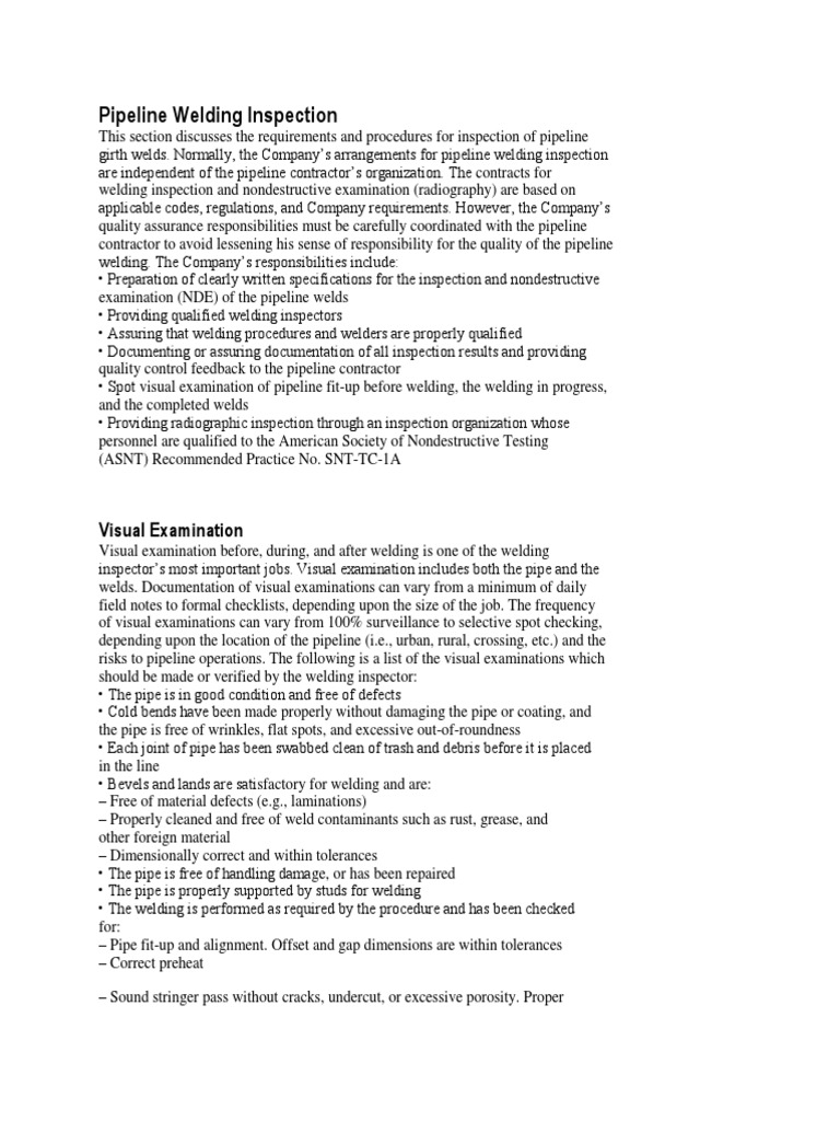 Pipeline Welding Inspection Guidelines | PDF | Radiography ...
