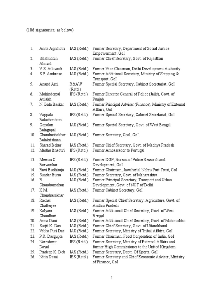 List of signatories | Government Of India | Public Administration