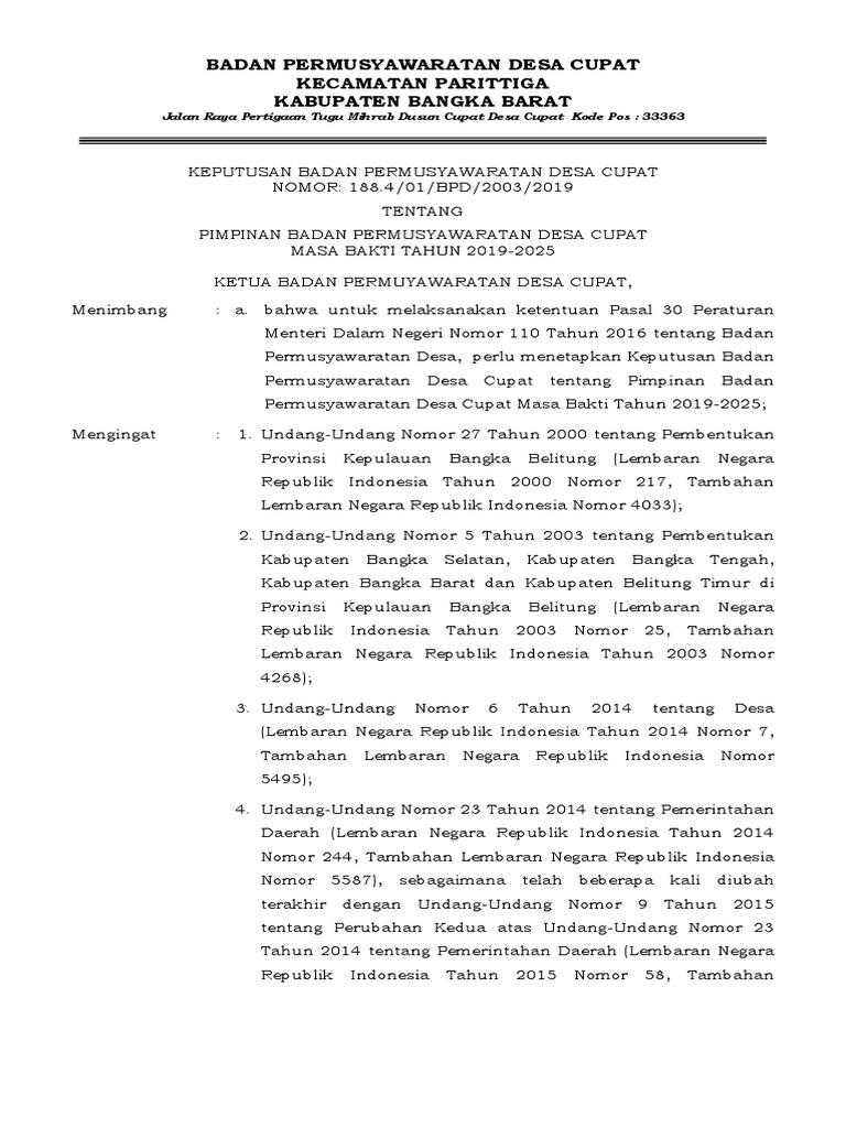 DRAFT SK BPD Tentang Pimpinan BPD | PDF