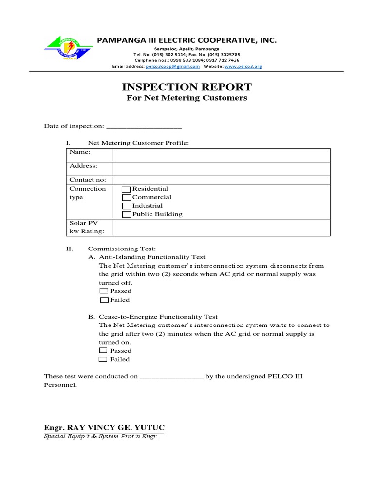 PELCO III Net Metering Inspection Report | PDF | Power Inverter ...