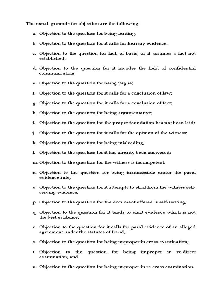 Common Grounds For Objections | PDF | Testimony | Witness