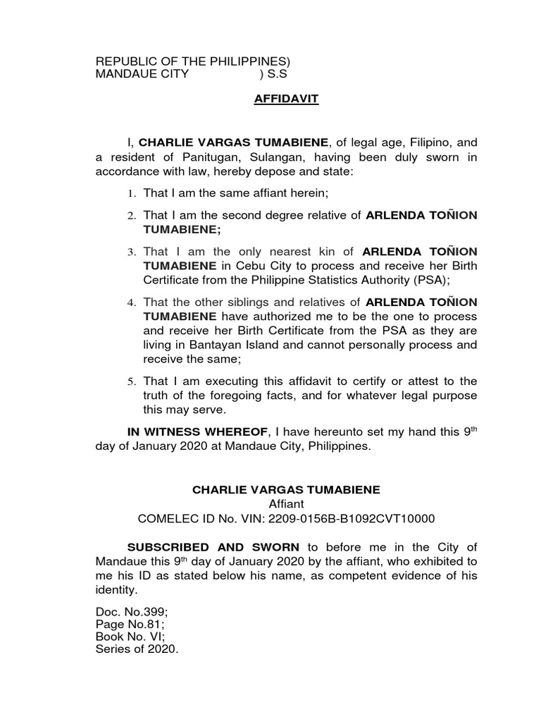 Affidavit of of Nearest Kin Charlie | PDF