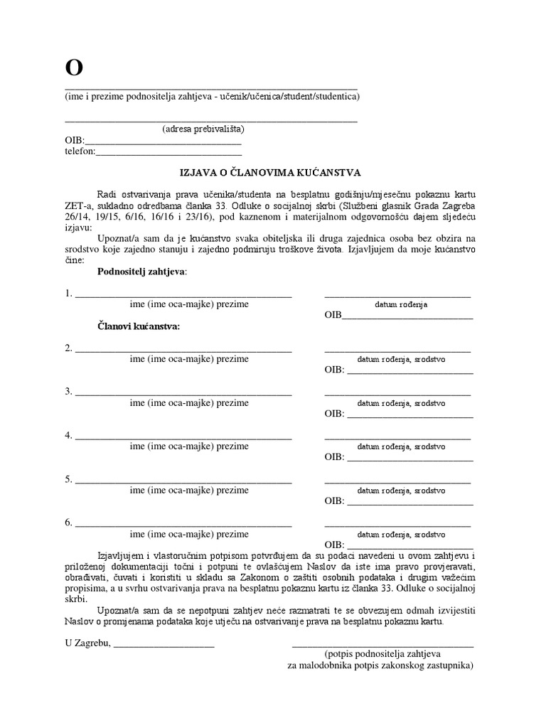 Obrazac Izjave o Članovima Kućanstva | PDF