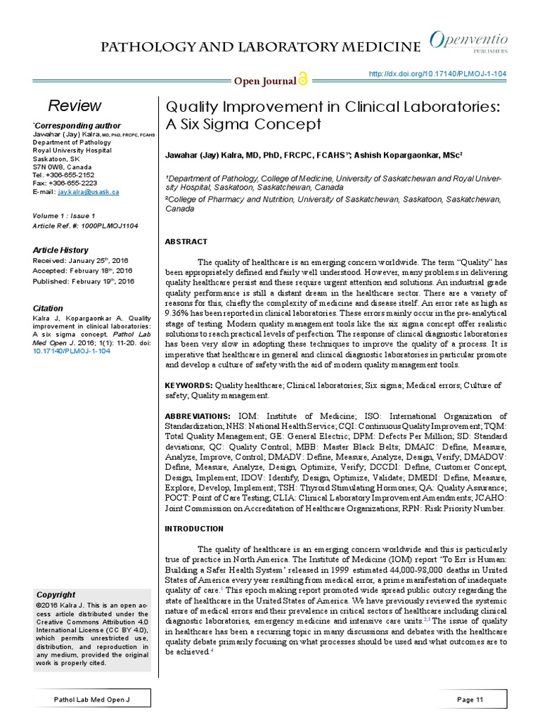 Quality Improvement in Clinical Laborato | PDF | Six Sigma | Medical ...