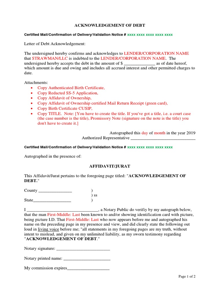 Acknowledgement of Debt Template | PDF | Notary Public | Registered Mail