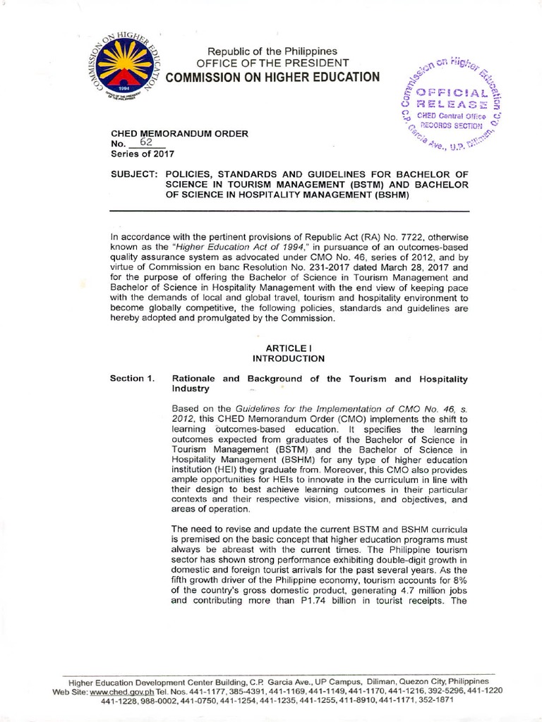 CMO 62 BS Hospitality Tourism Management 2017 PDF | PDF