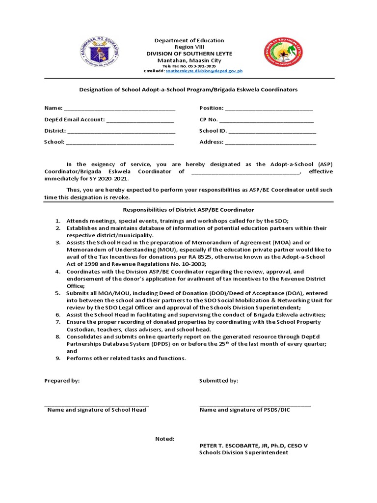 Designation of School ASP and BE Coordinators | PDF | Government ...