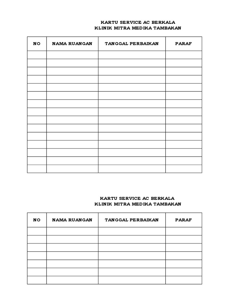 Kartu Service Ac Berkala | PDF