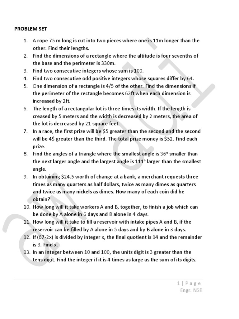 Algebra Problem Set | PDF | Lever | Rectangle