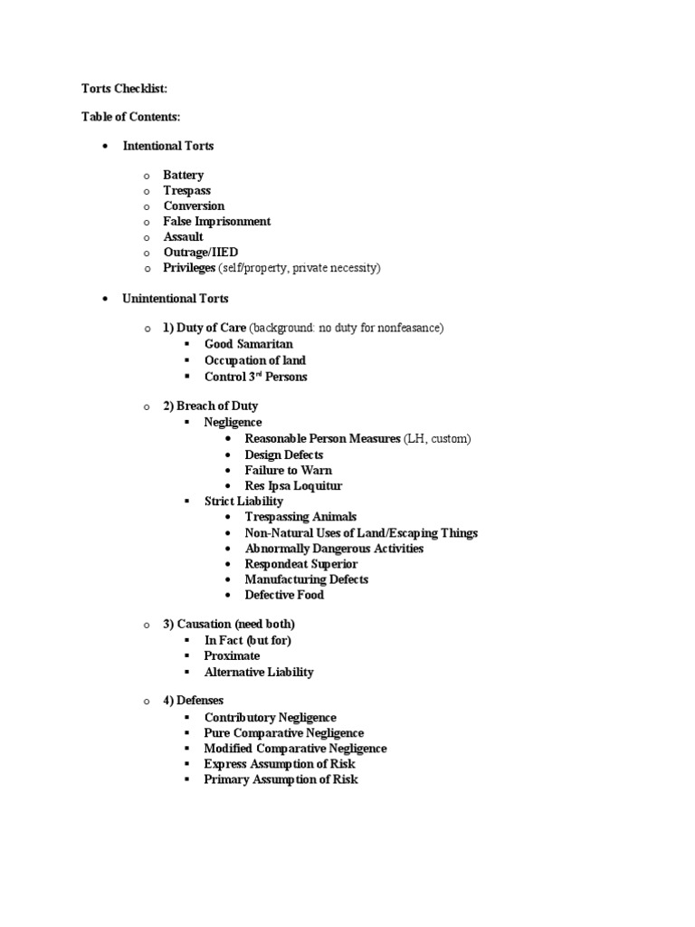 Torts Final Checklist Upload | PDF | Conversion (Law) | Negligence