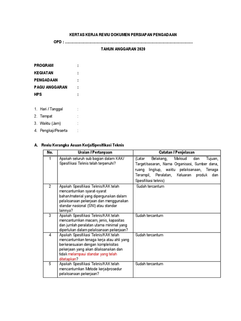 Kertas Kerja - Reviu Dokumen Persiapan Pengadaan | PDF