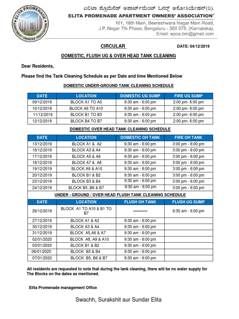 Water Tank Cleaning Schedule - 2019-20 | PDF | Disabled Sports | Sports