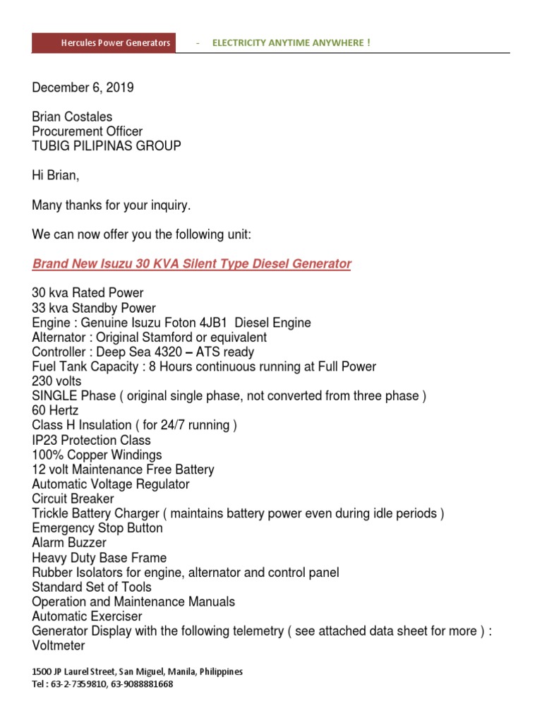 Hercules 30KVA Generator | PDF | Electric Generator | Electricity