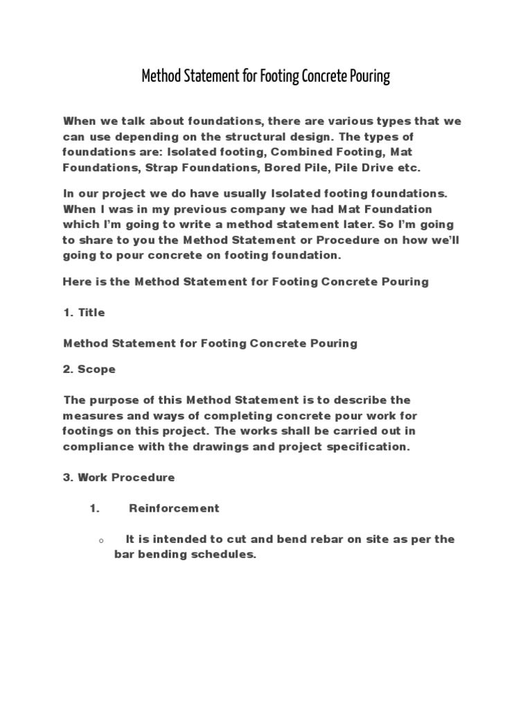 Footing Concrete Pouring Method Statement | PDF | Concrete | Deep ...