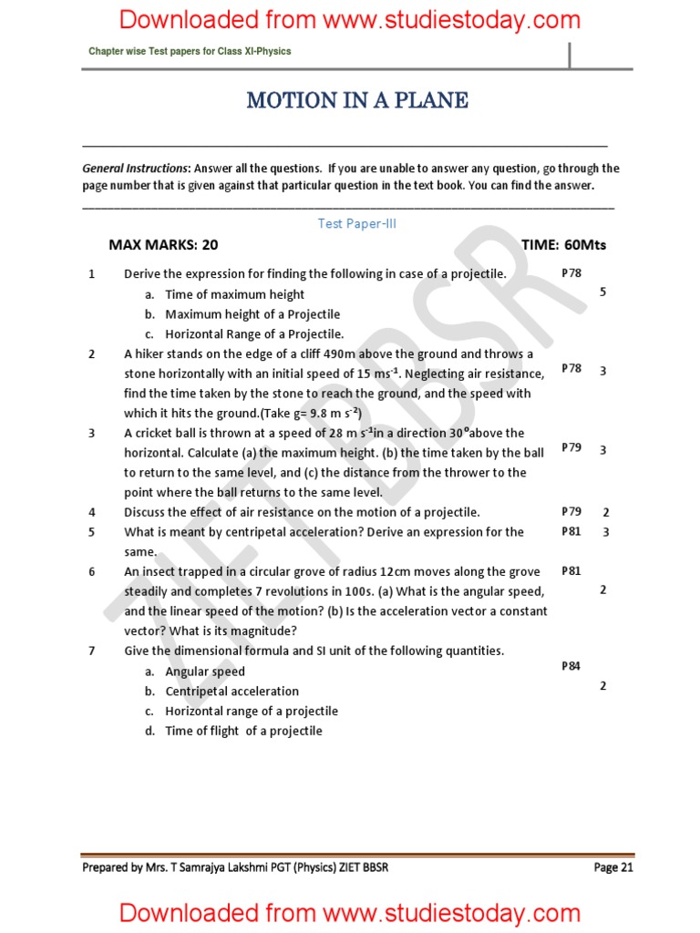 Class 11 Physics Motion in A Plane | PDF | Acceleration | Speed