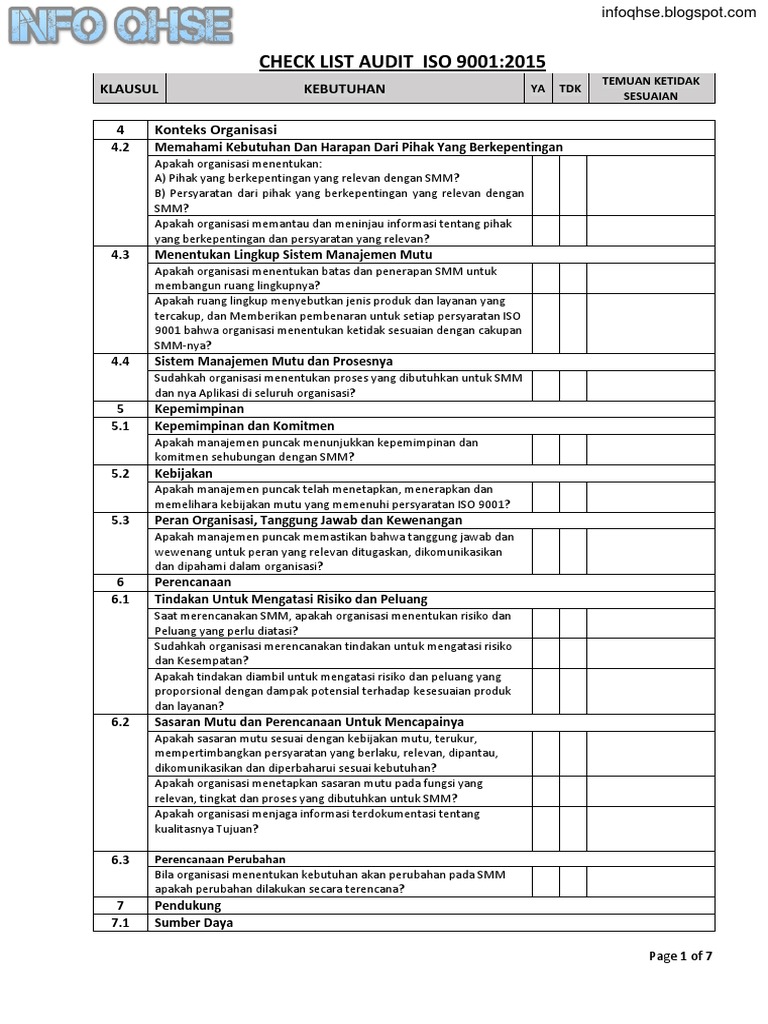 Checklist - Iso - 9001 - 2015 PDF | PDF