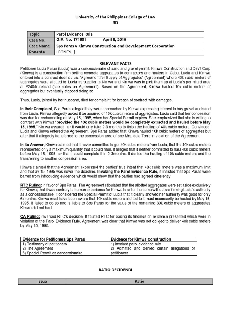 Sps Paras v Kimwa: Parol Evidence Rule | PDF | Parol Evidence Rule ...