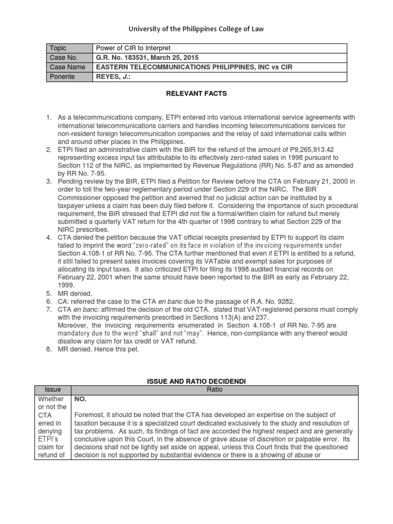 ETPI Vs CIR | PDF | Value Added Tax | Tax Refund