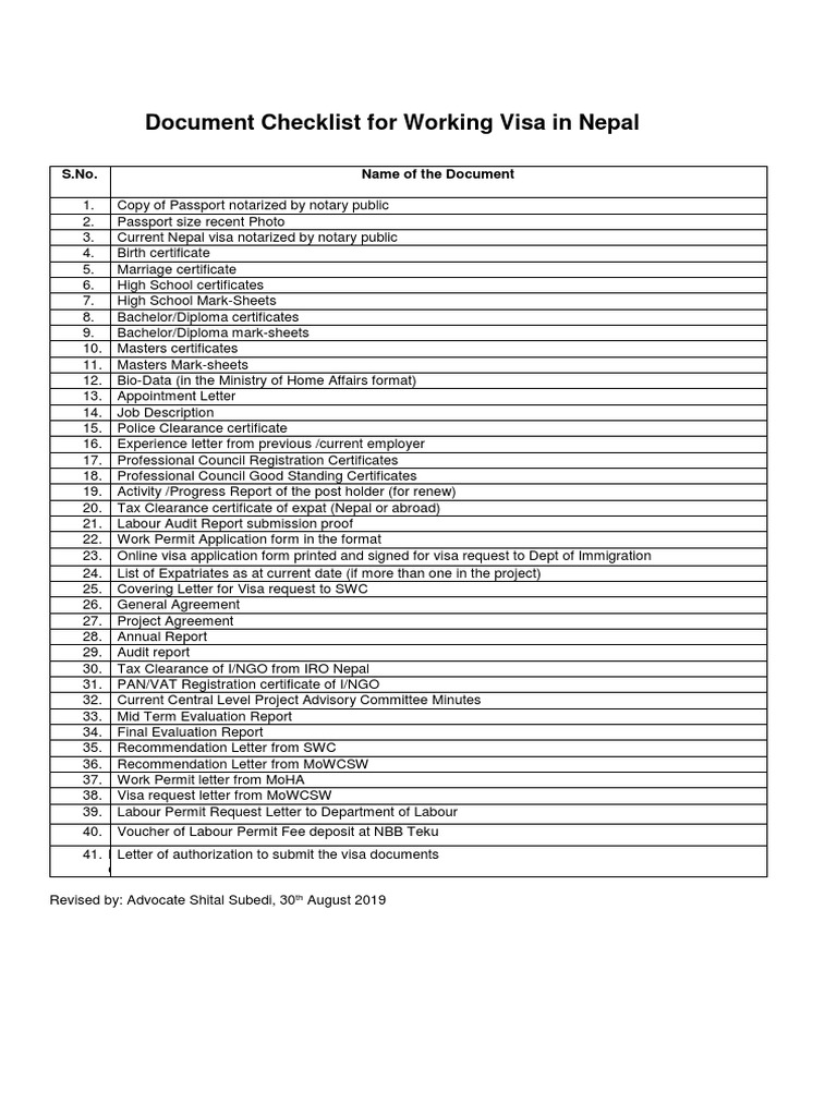 Document Checklist For Working Visa in Nepal | PDF | Travel Visa ...
