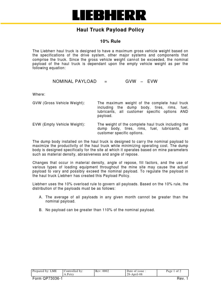 Payload Policy LIEBHERR Form QP73036-1 | PDF | Payload | Truck