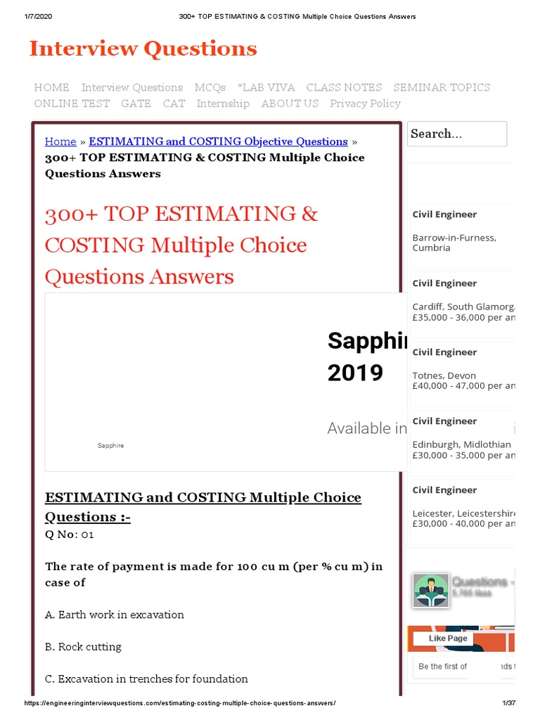 300+ TOP ESTIMATING & COSTING Multiple Choice Questions Answers | PDF ...