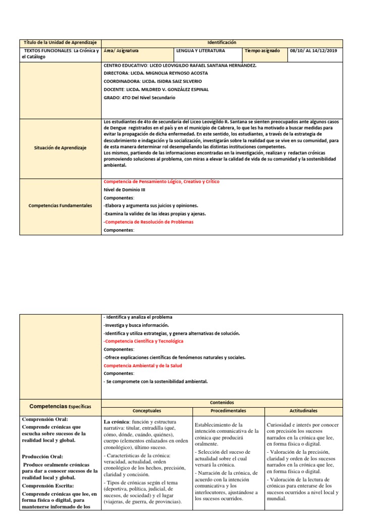 Planificacion de 4to Oct-Nov-Dic 2019 | PDF | Adverbio | Aprendizaje
